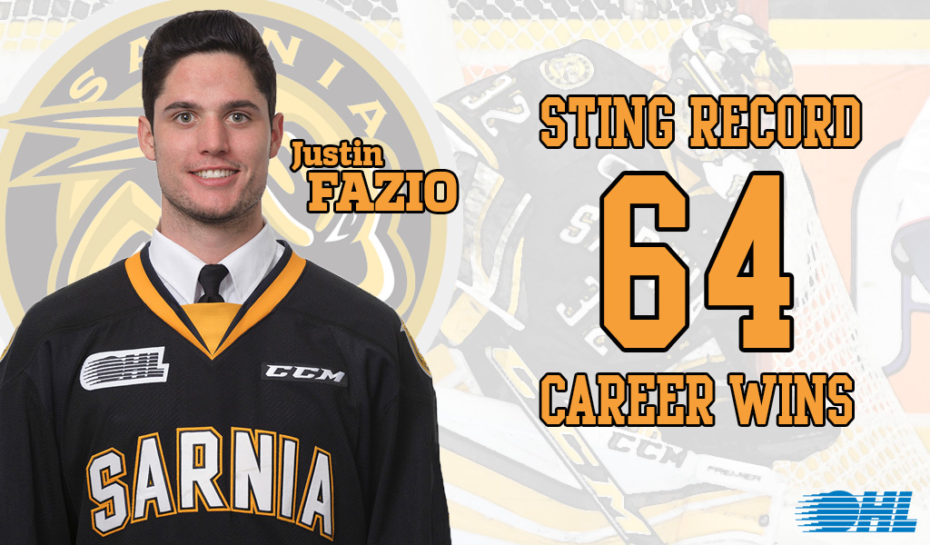 Sting's Fazio becomes new franchise wins leader - Ontario Hockey League