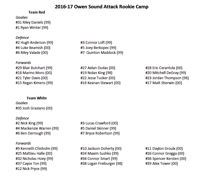 Attack announce Training Camp schedule and Rookie Camp rosters - Owen Sound Attack