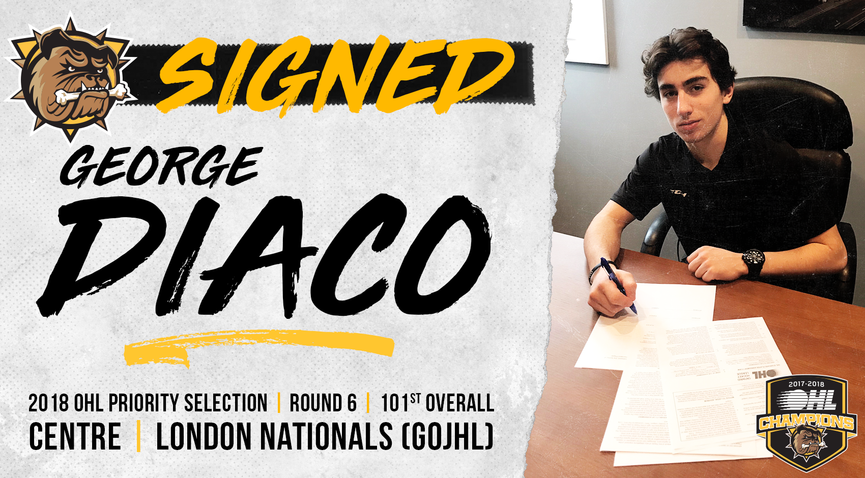 BULLDOGS SIGN 6th ROUND PICK GEORGE DIACO - Brantford Bulldogs