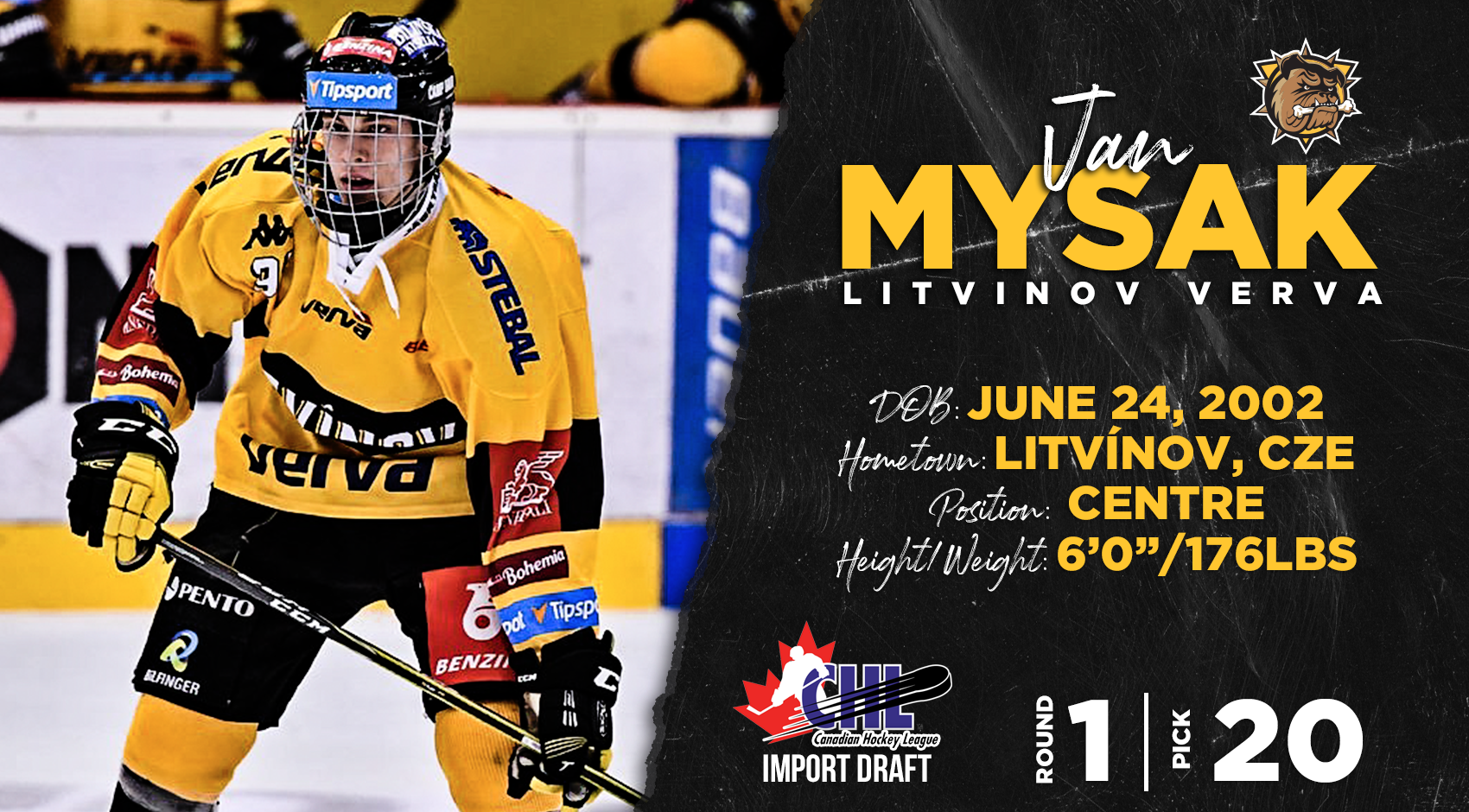 BULLDOGS SELECT JAN MYSAK IN THE CHL IMPORT DRAFT - Brantford Bulldogs