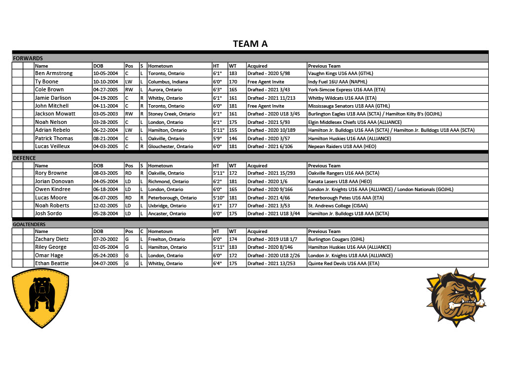 HAMILTON BULLDOGS ORIENTATION CAMP ROSTERS ANNOUNCED - Brantford Bulldogs