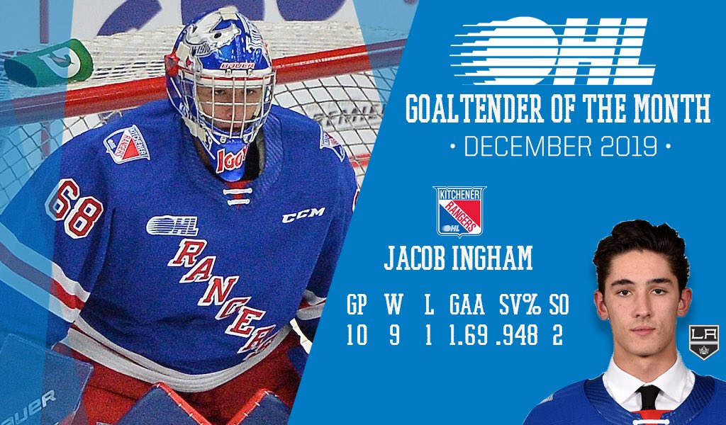 Ingham named OHL Goaltender of the Month for December - Kitchener Rangers