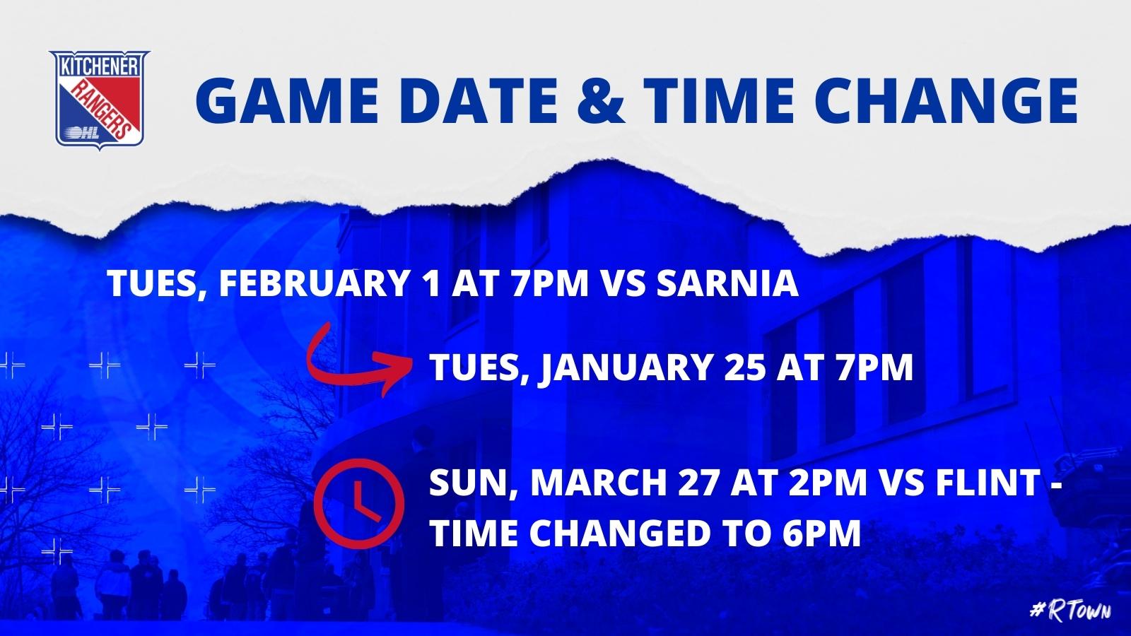 Rangers Game Date and Time Changes - Kitchener Rangers