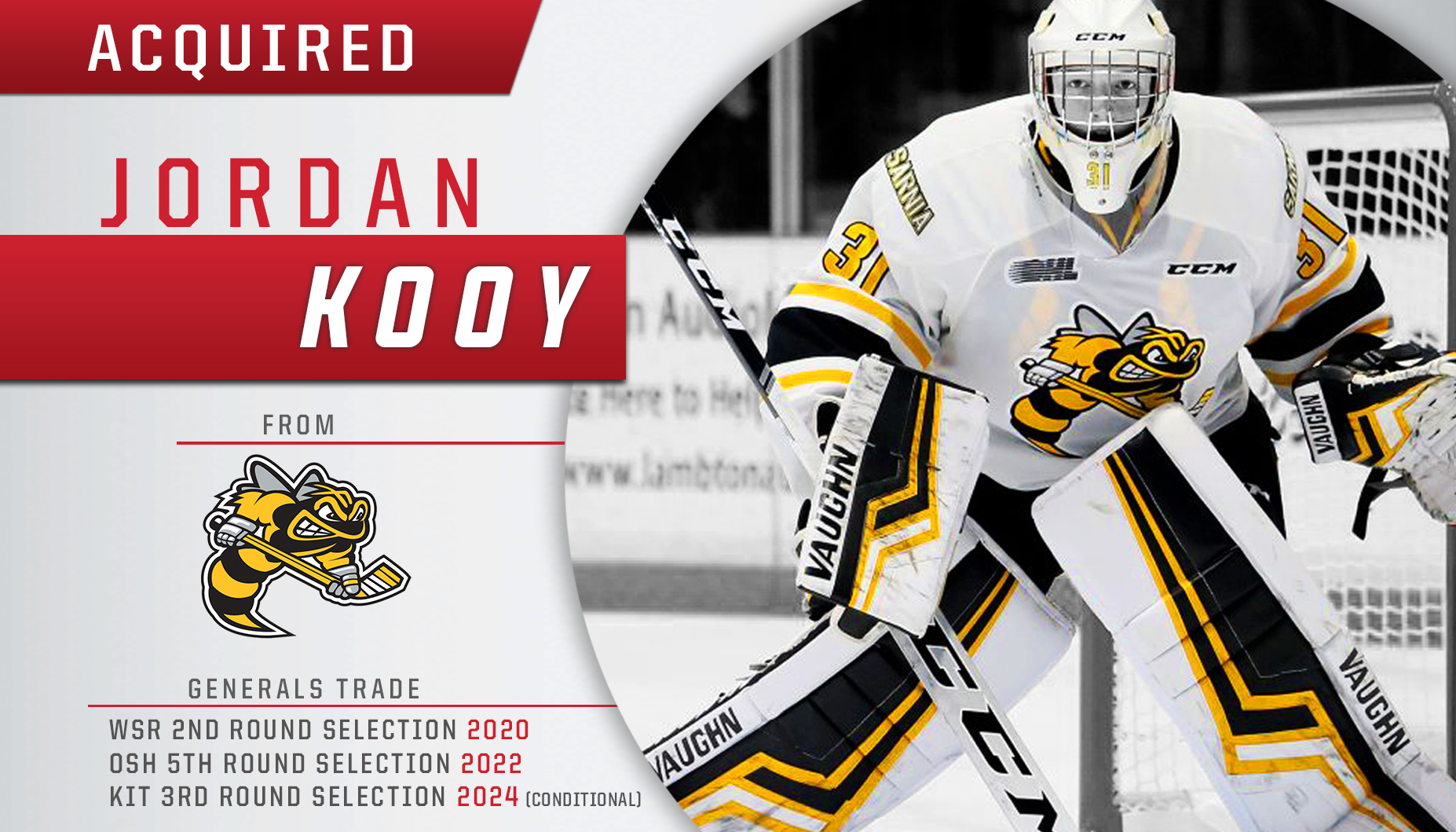 Generals Acquire Goaltender Jordan Kooy from the Sarnia Sting in ...