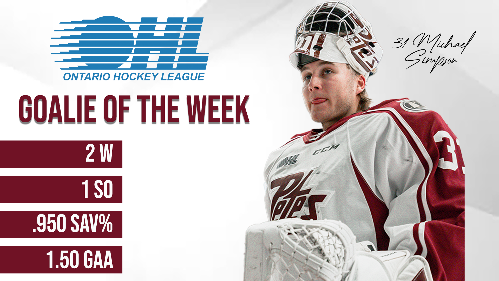 Michael Simpson Named OHL Goaltender of the Week - Peterborough Petes